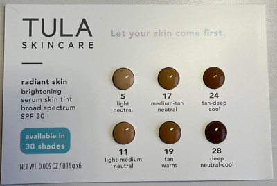 Tula Radiant Skin Brightening Serum Skin Tint SPF 30 6-Shade Sample Card | eBay