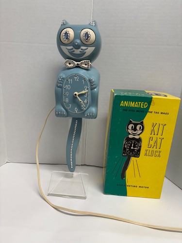 Restored SUPER Rare BLUE jeweled WHITE FACE w/ box vintage kit cat ...