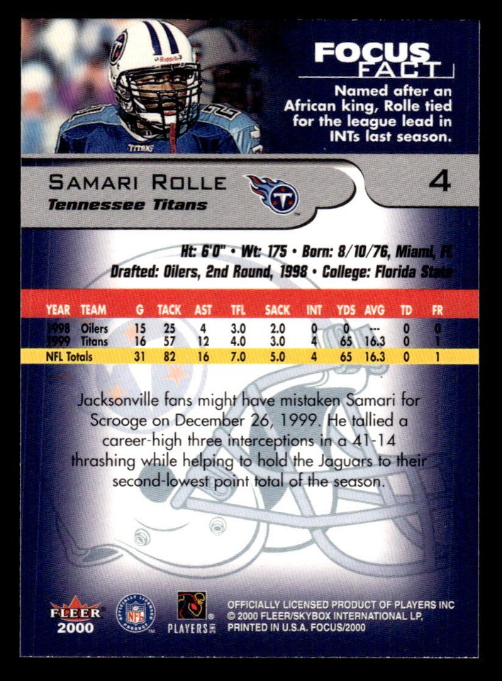 Samari Rolle Tennessee Titans 2000 Fleer Focus #4 | eBay
