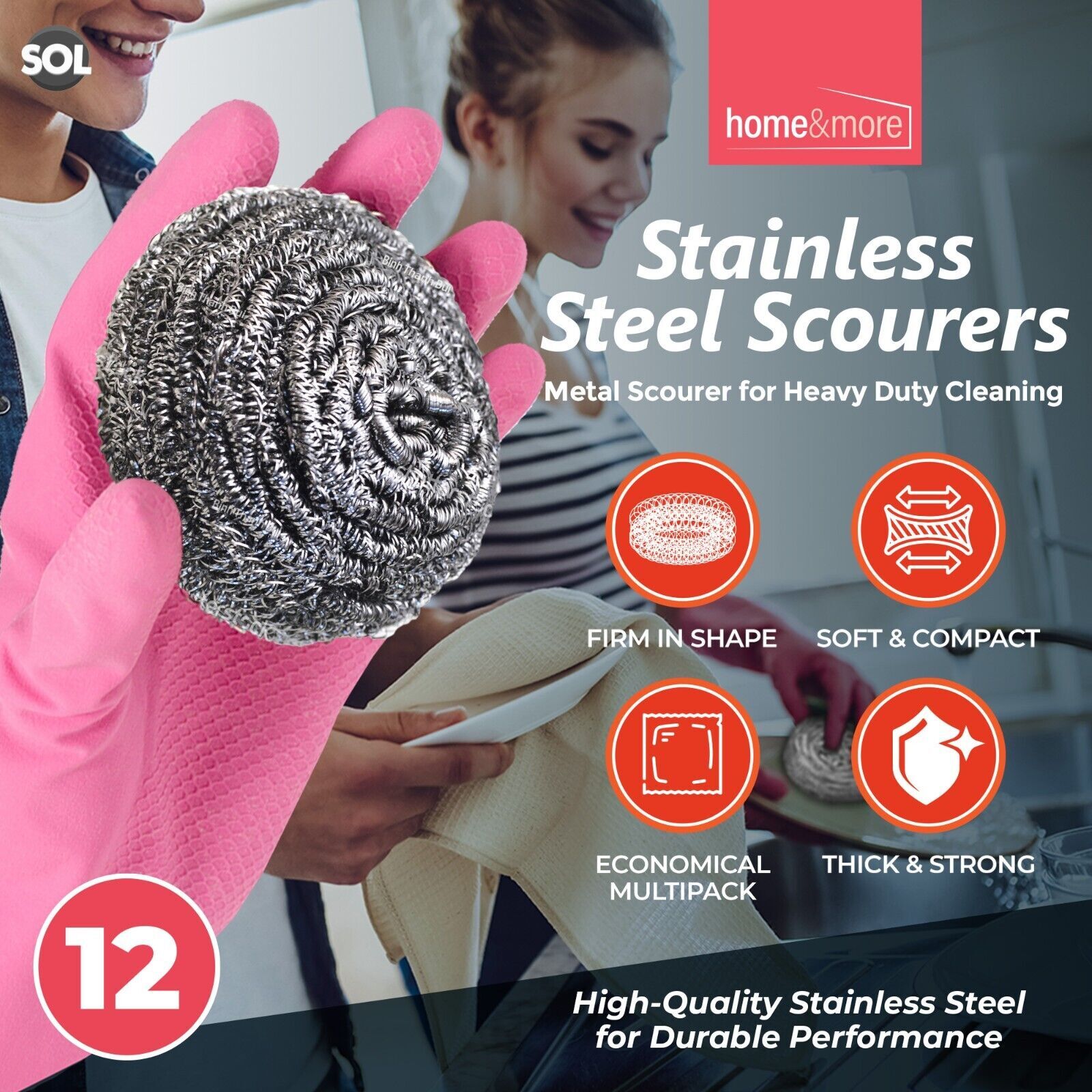 12pk Stainless Steel Scourers Heavy Duty Kitchen Wire Pan Pads Washing ...