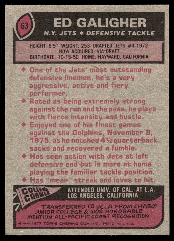 1977 Topps Ed Galigher Rookie New York Jets #63 | eBay