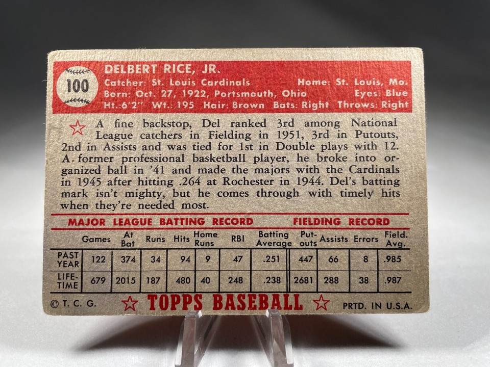 1952 Topps Baseball Del Rice #100 St. Louis Cardinals | eBay
