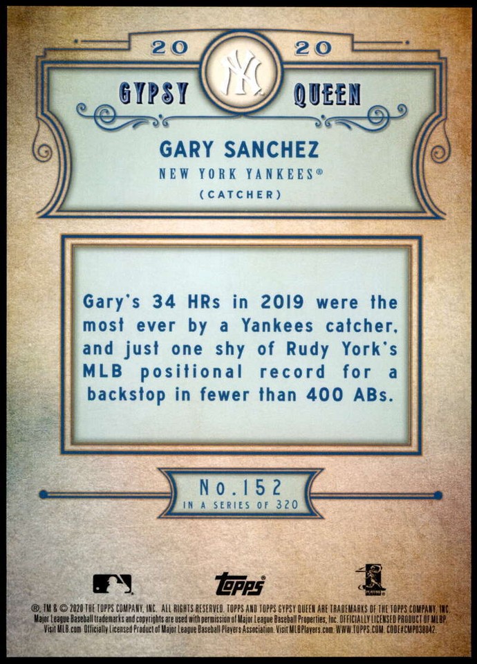 Gary Sanchez 2020 Topps Gypsy Queen 5x7 Gold #152 3/10 Yankees | eBay