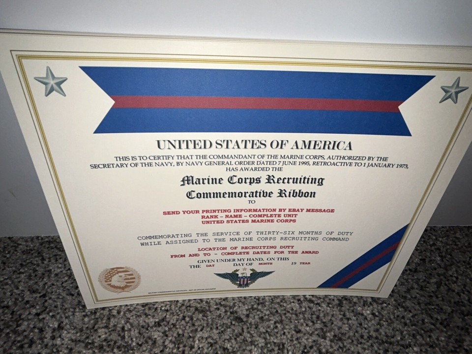 U.S. MARINE CORPS RECRUITING RIBBON COMMEMORATIVE CERTIFICATE ~W ...