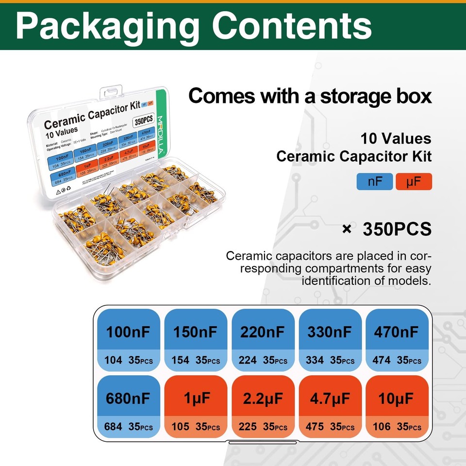 10 Values 350 Pcs Ceramic Capacitor Kit (100nF - 10uF), Multi-Layered ...