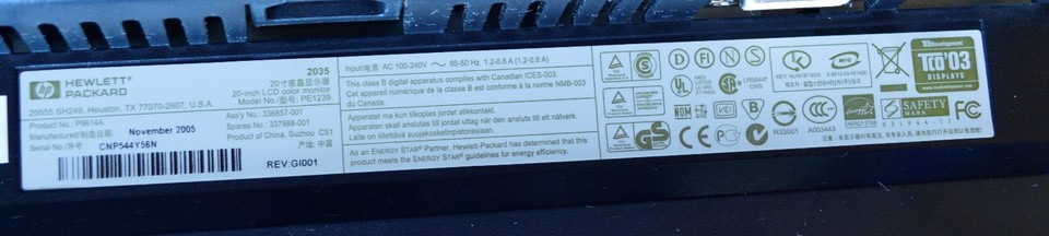 HP 2035 20" LCD MONITOR COMPLETE WITH STAND AND POWER+VGA CABLES WORKS ...