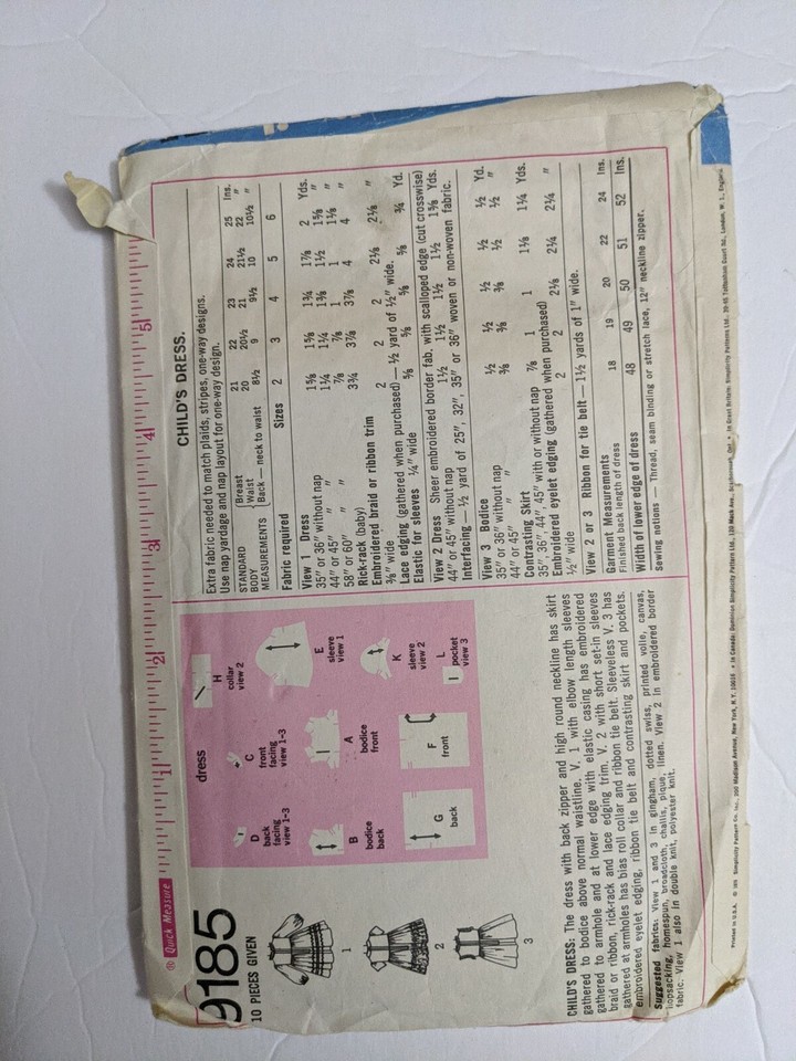 1970 Vintage SIMPLICITY Sewing Pattern 9185 Child's Dress Size 5 Breast ...
