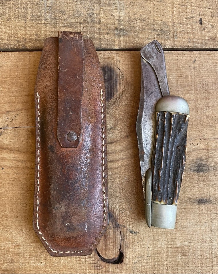 Antique 1911-1920 Marbles Safety Folding Knife W/ Stag Handle & Sheath ...