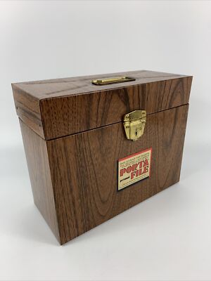 Vtg Porta File metal check file box Wood grain litho Mid century office ...