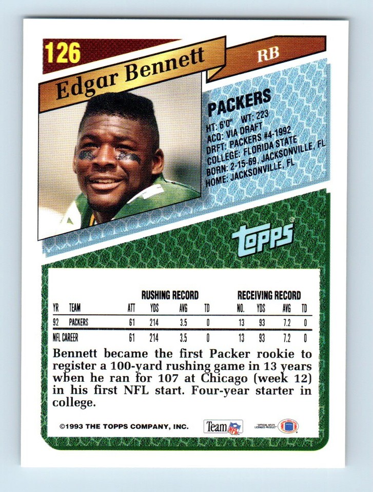 1993 Topps Edgar Bennett Green Bay Packers #126 | eBay
