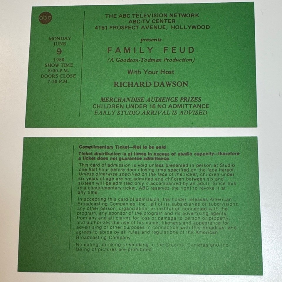 ABC Family Feud Tickets HOST Richard Dawson June 9, 1980 Vintage | eBay
