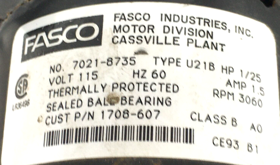 FASCO 7021-8735 1708-607 Draft Inducer Blower Motor Assembly 115V used ...