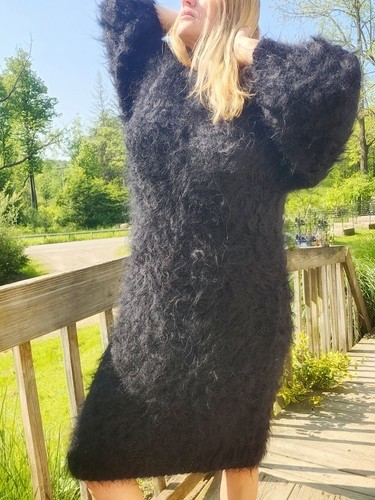 Black mohair extra fuzzy long hair black hand knit sweater dress LARGE ...