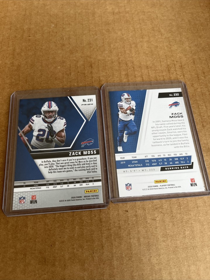 ZACK MOSS RC 2020 Mosaic PINK PRIZM #231 & Playoff #232 Bills Cards (c5 ...