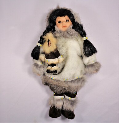 13" Alaskan Eskimo Inuit doll with her own baby doll, real fur, bead ...