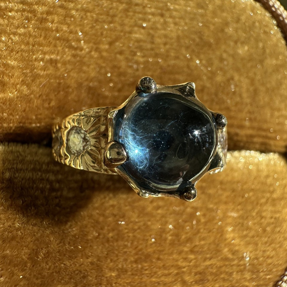14k Yellow Gold Blue Spinel Cabochon Ring w/ Diamond Accents Fine ...