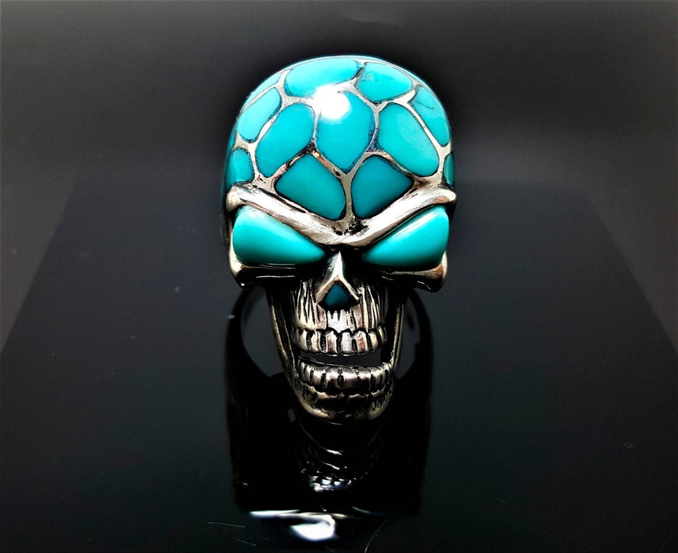 925 Sterling Silver Skull Natural Turquoise Skull Ring Heavy 26 grams ...