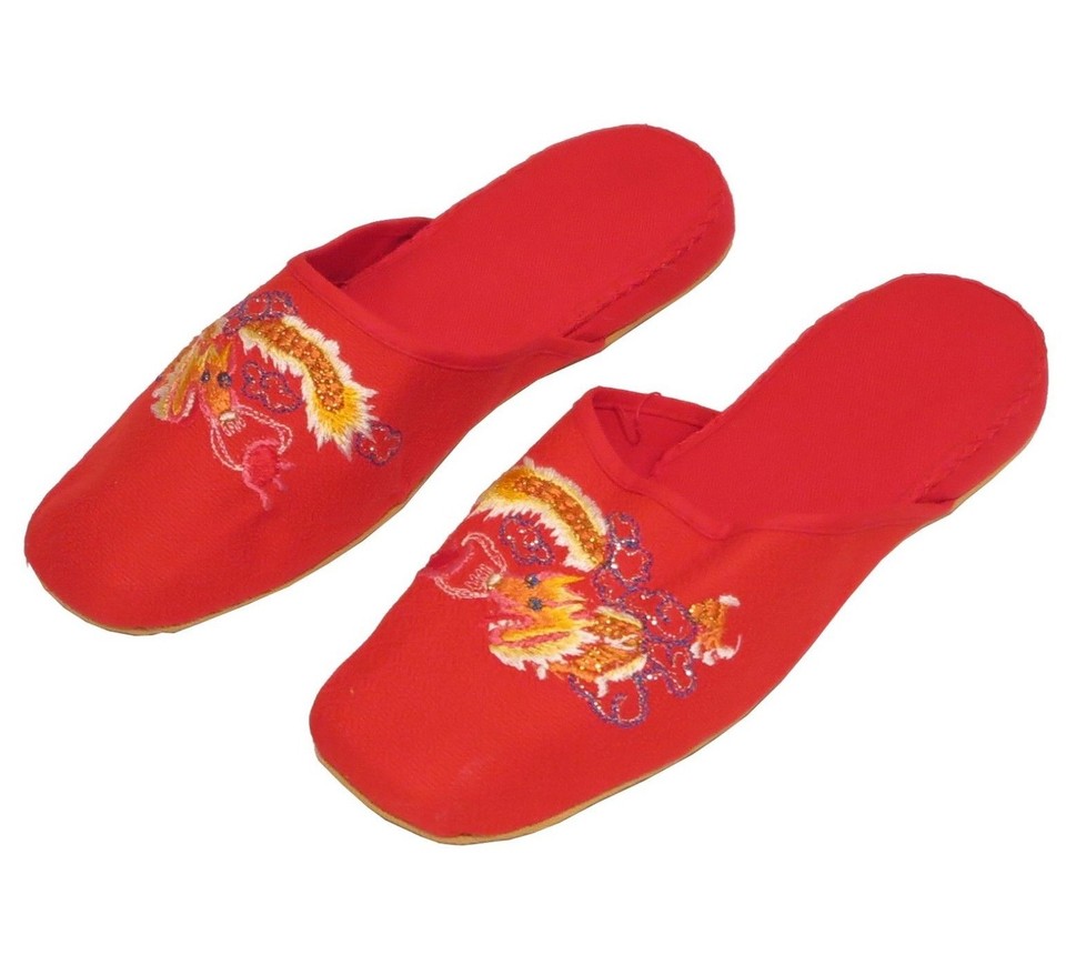 Handmade Embroidered Dragon Chinese Women's Cotton Slippers Blue Red ...