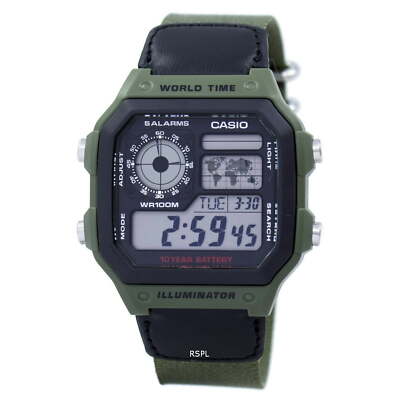 Casio AE1200WHB-3BV Digital World Map Alarm Backlight 100M Men's Watch ...