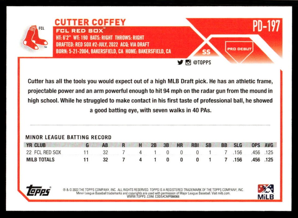 2023 Topps Pro Debut PD197 Cutter Coffey FCL Red Sox Baseball Card | eBay