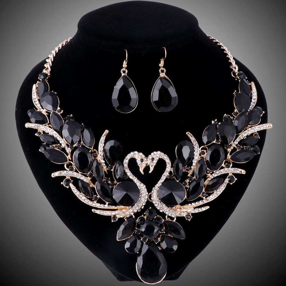 Gold/Silver Plated Crystal Rhinestone Double Swan 2 Pieces Jewelry Set ...