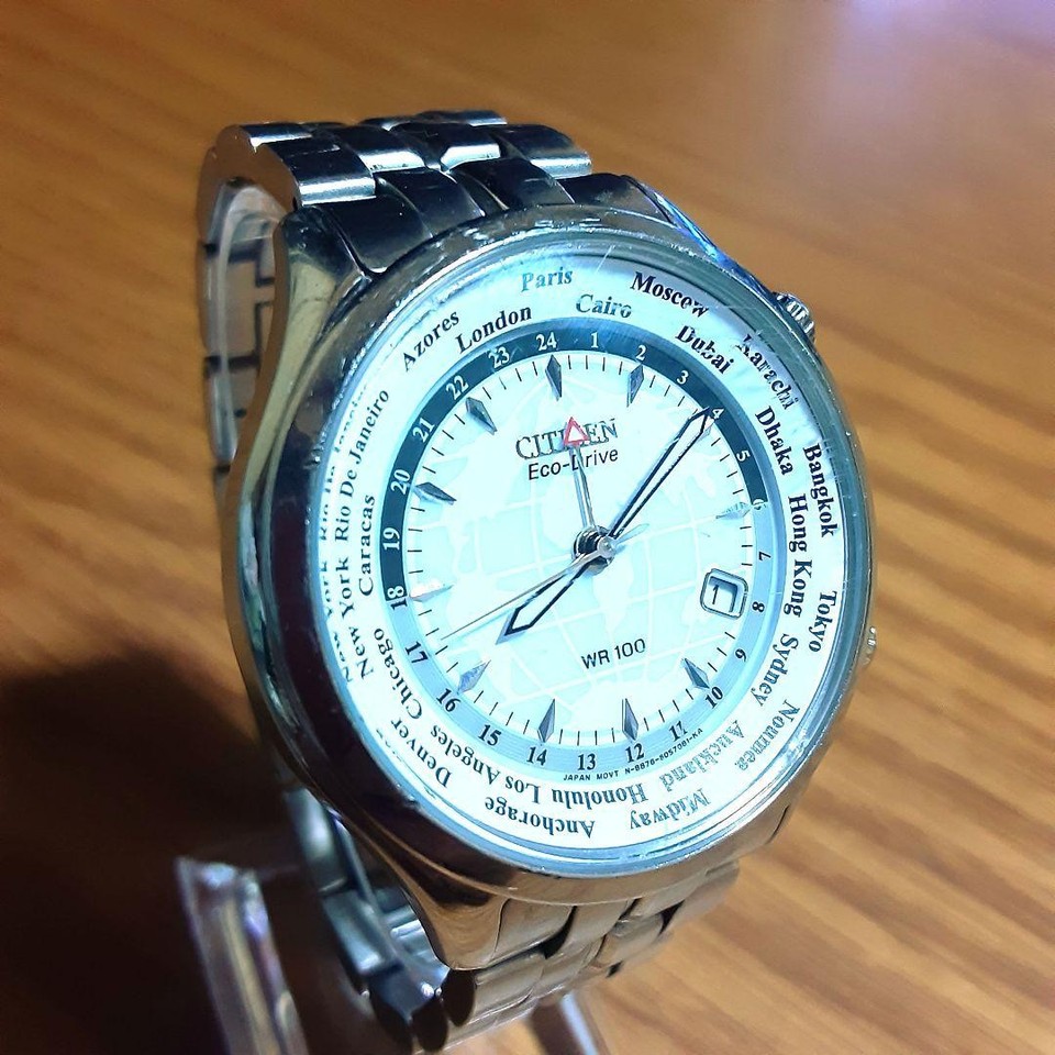 Citizen World Time Eco-Drive Solar Date Men's Watch White Dial Used | eBay