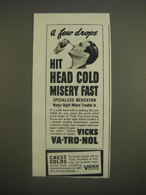 1944 Vicks Va-tro-nol Ad - A few drops hit head cold misery fast | eBay