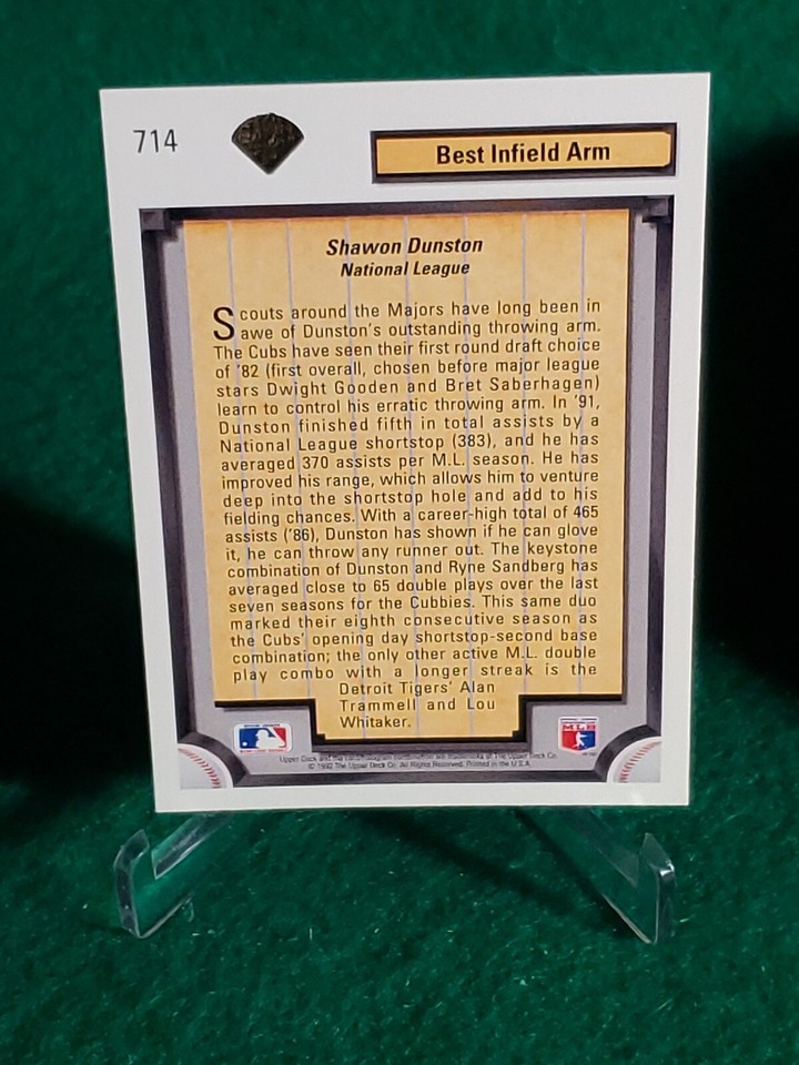 Shawon Dunston Chicago Cubs 1992 Upper Deck #714 Best Infield Arm | eBay
