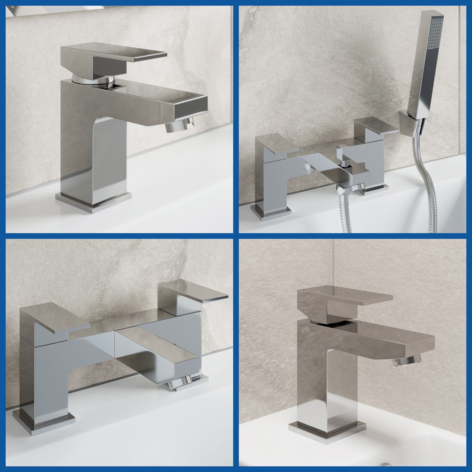 Modern Chrome Bathroom Square Tap Sets | Basin & Bath Taps with Shower ...