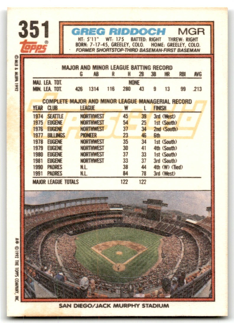 1992 TOPPS GOLD WINNER GREG RIDDOCH SAN DIEGO PADRES #351 | eBay