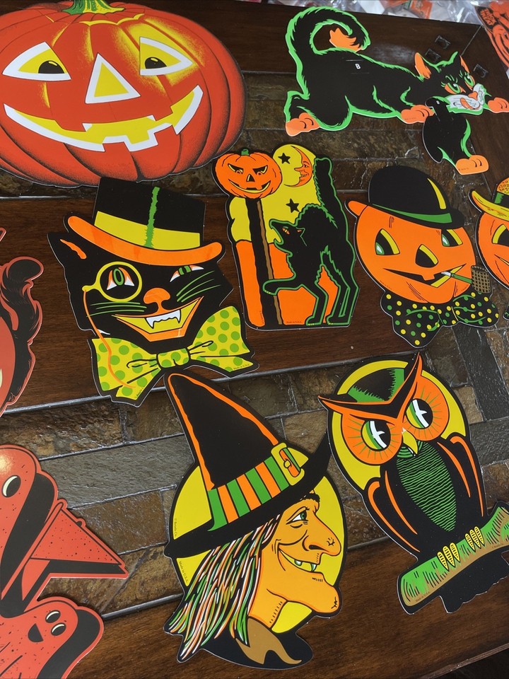 Halloween Decorations Diecut beistle Witch Pumpkin House Cat Vintage ...