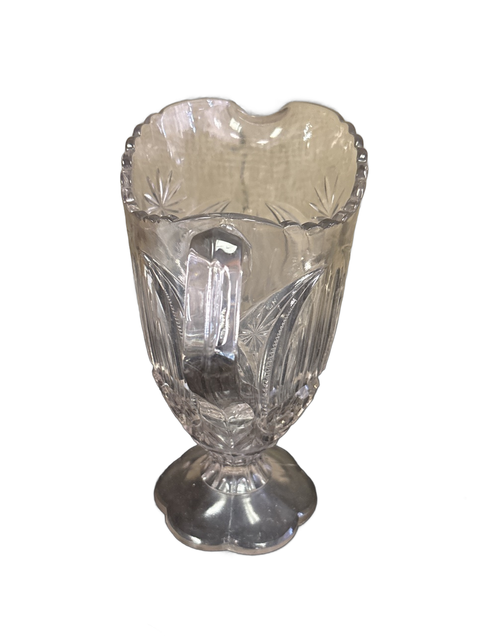 Vintage Clear Cut Glass Footed Pitcher Starburst Diamond Scalloped Rim ...