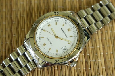 MINT VINTAGE HAMILTON 9744A SUB 660 STAINLESS GOLD WHITE DATE DIAL ...