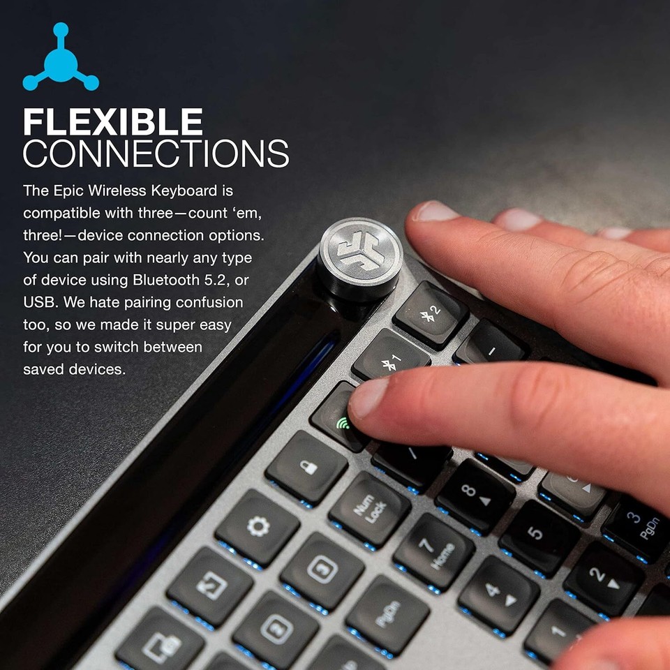 JLab Epic Wireless Keyboard, Black, 108 Keys, Multi-Device, 2.4G ...