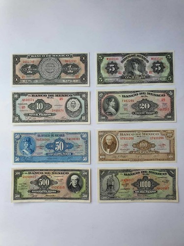 BANKNOTES MEXICO SET (COLLECTION) 8 PIECES 1, 5, 10, 20, 50, 100, 500 ...