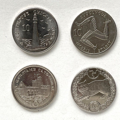 4 x Isle of Man 10p coins Cat Triskelion St Germans Lighthouse Circ UK ...