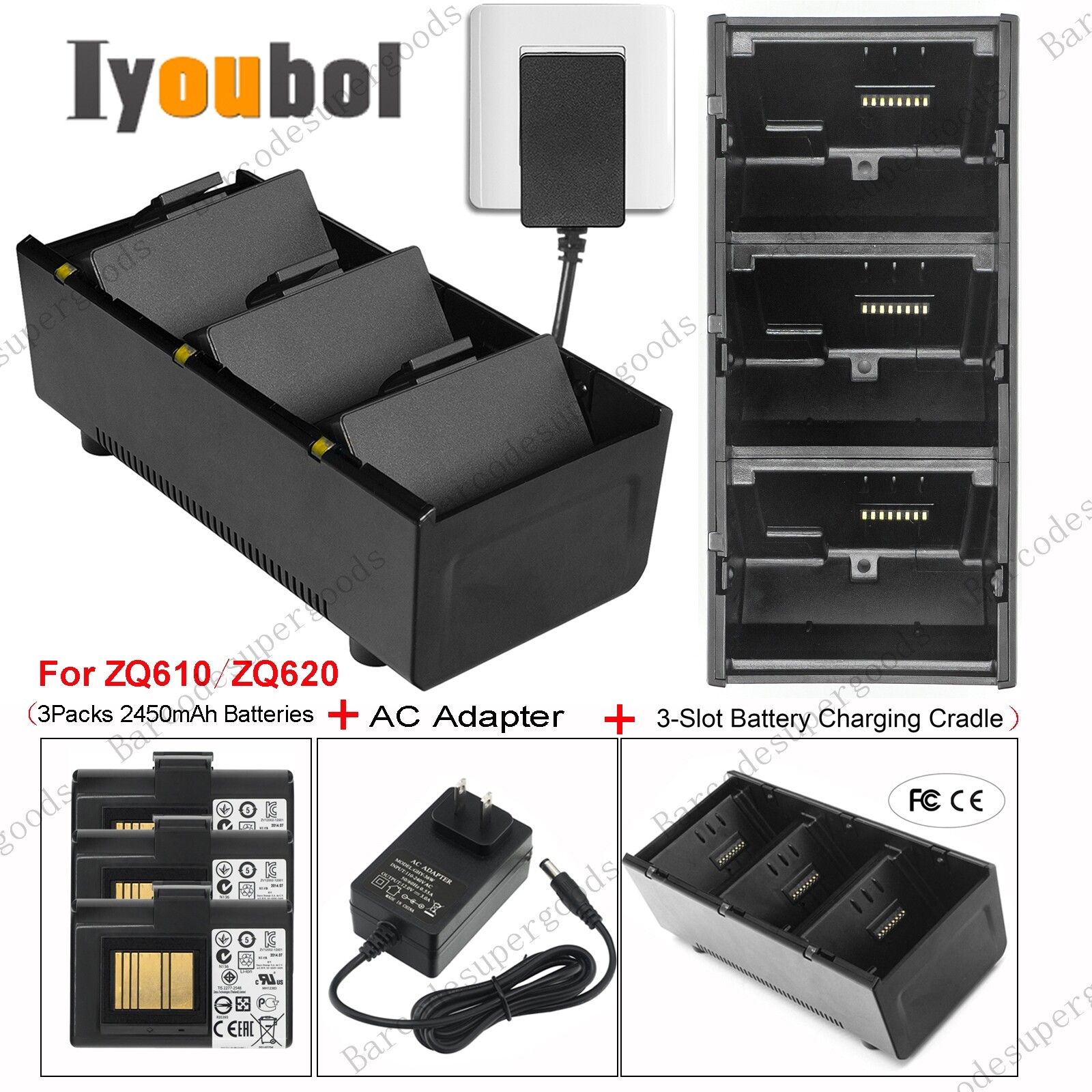 3-Slot Battery Charging Cradle + Adapter + 3 Batteries for zebra ZQ610 ...