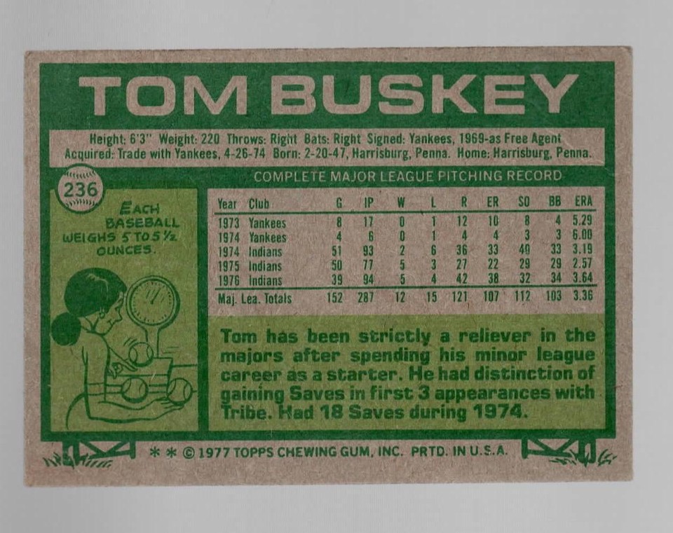 1977 Topps Tom Buskey Cleveland Indians #236 Excellent | eBay