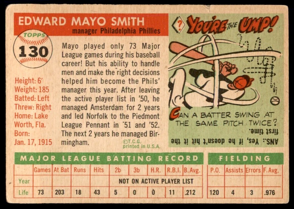 1955 Topps Mayo Smith VG+ RC Philadelphia Phillies #130 | eBay