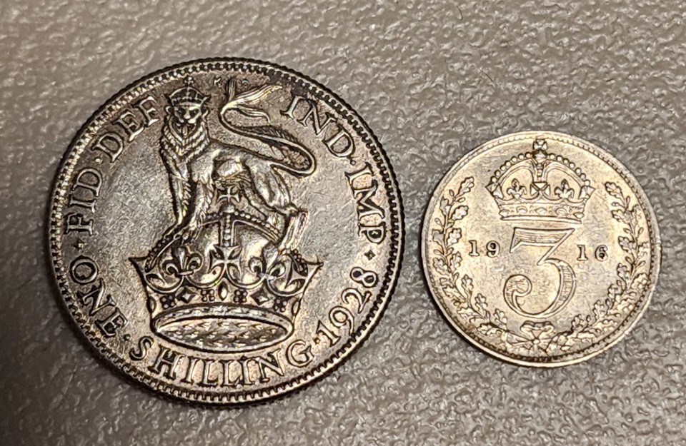 Great Britain 1928 One Shilling, 1916 Three Pence SILVER Coins, VERY ...