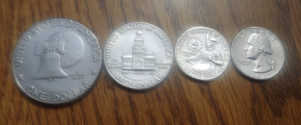 1776-1976 BICENTENNIAL-IKE DOLLAR ,KENNEDY HALF, QUARTER+2021 CROSSNG ...