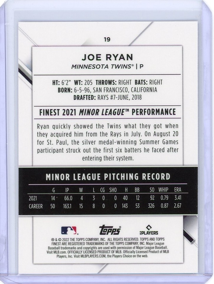 2022 TOPPS FINEST RC JOE RYAN ROOKIE #19 TWINS MINT | eBay