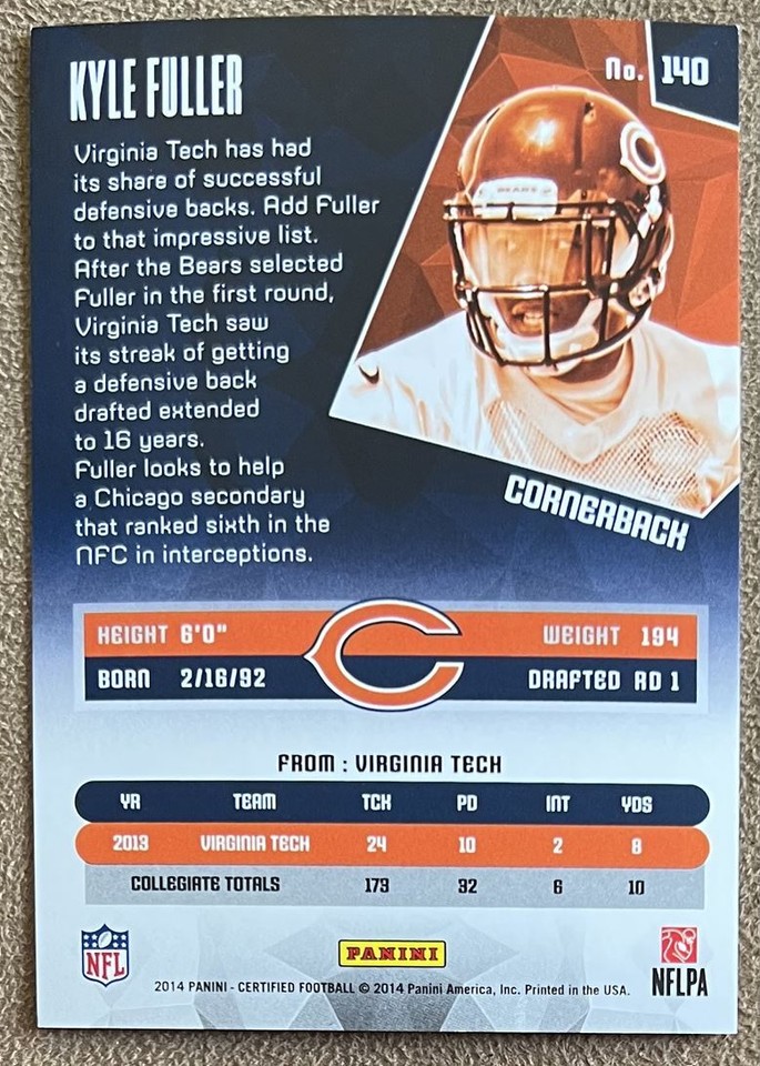 2014 Panini Certified Red Kyle Fuller Rookie /249 Chicago Bears #140 ...