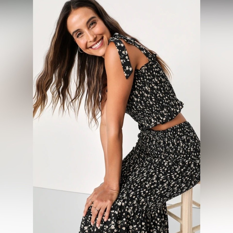 NWT Lulus Black Floral Print Smocked Midi Skirt and Top Set | eBay