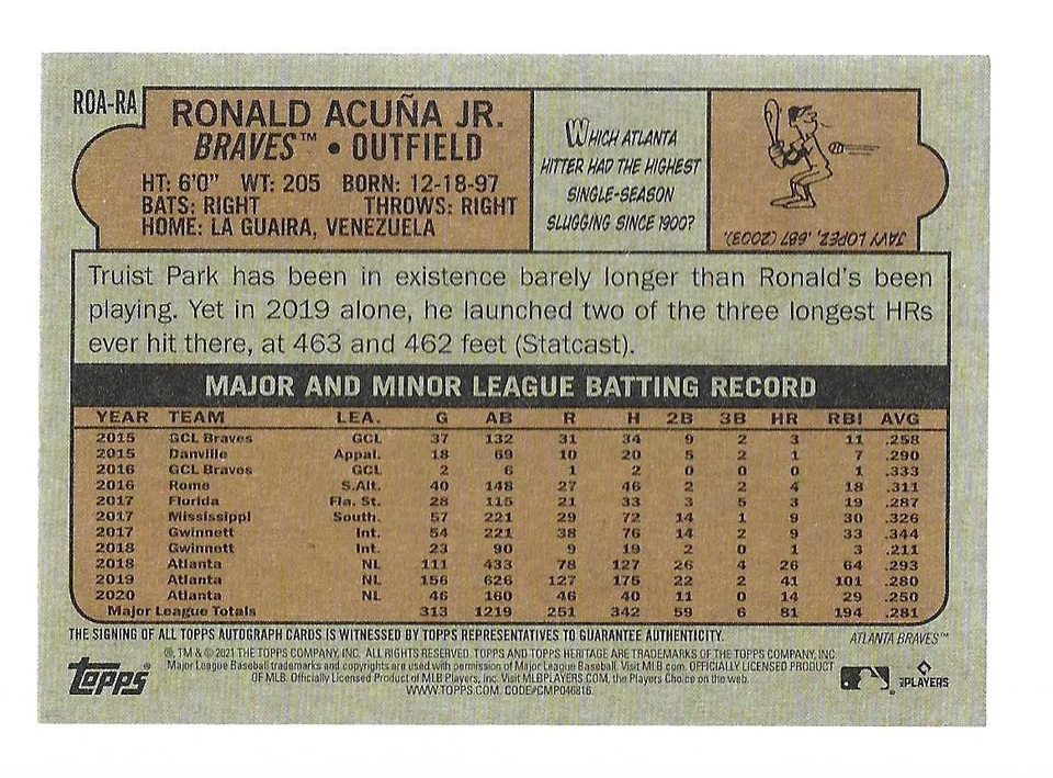 Ronald Acuna Jr. 2021 Topps Heritage High Number Certified Autograph ...