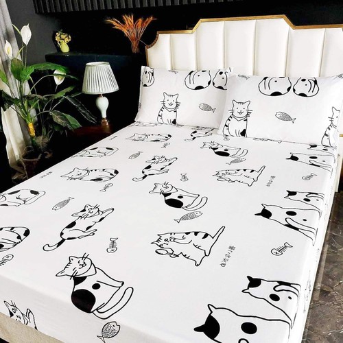3PCS Black and White Cat Bedding Sheet Set, Cartoon Cat Sheets, Cooling ...