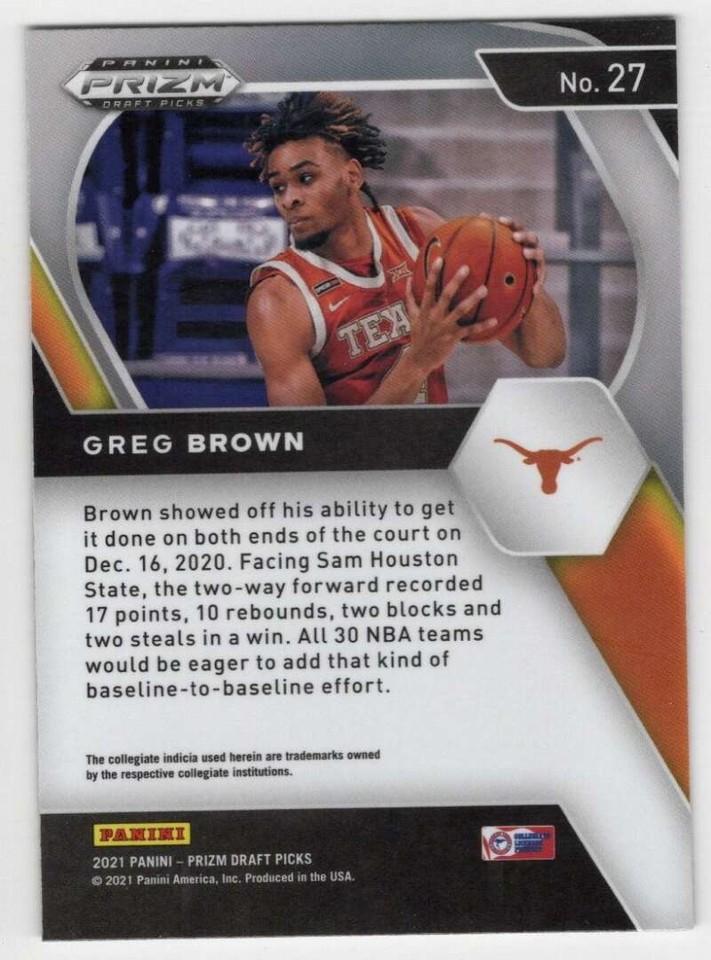GREG BROWN III RC 2021-22 Panini Prizm Draft Picks #27 ROOKIE NBA ID ...