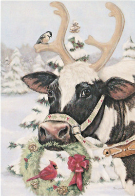Leanin' Tree Christmas Card Cow w/ Antlers Wreath - Birds Joy Campbell ...