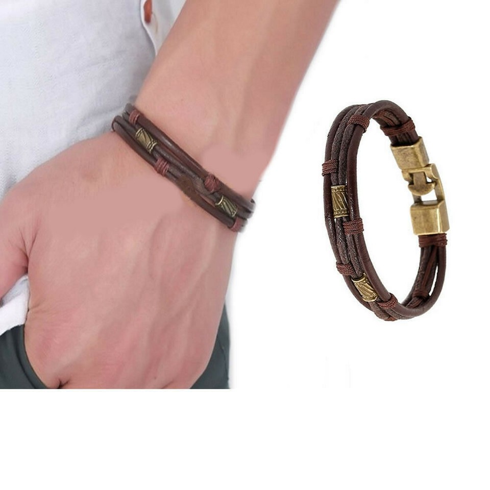 Mens Vintage Braided Leather Wrist Band Brown Rope Cuff Bracelet Bangle ...