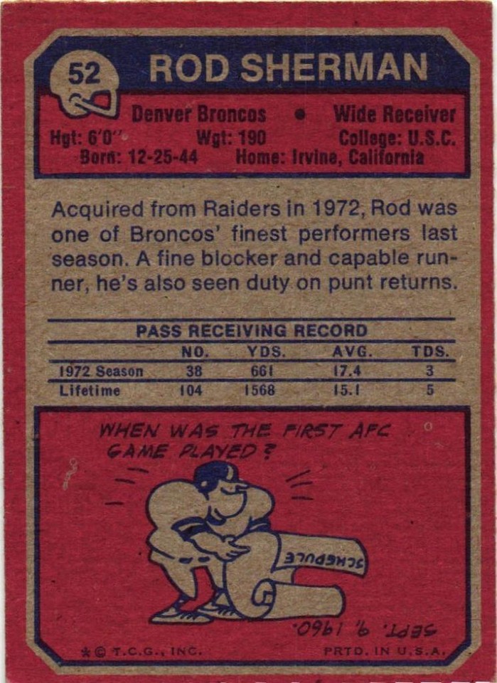 ROD SHERMAN 1973 Topps FB #52 FREE SHIP 50% OFF B1001R2S21P23 | eBay